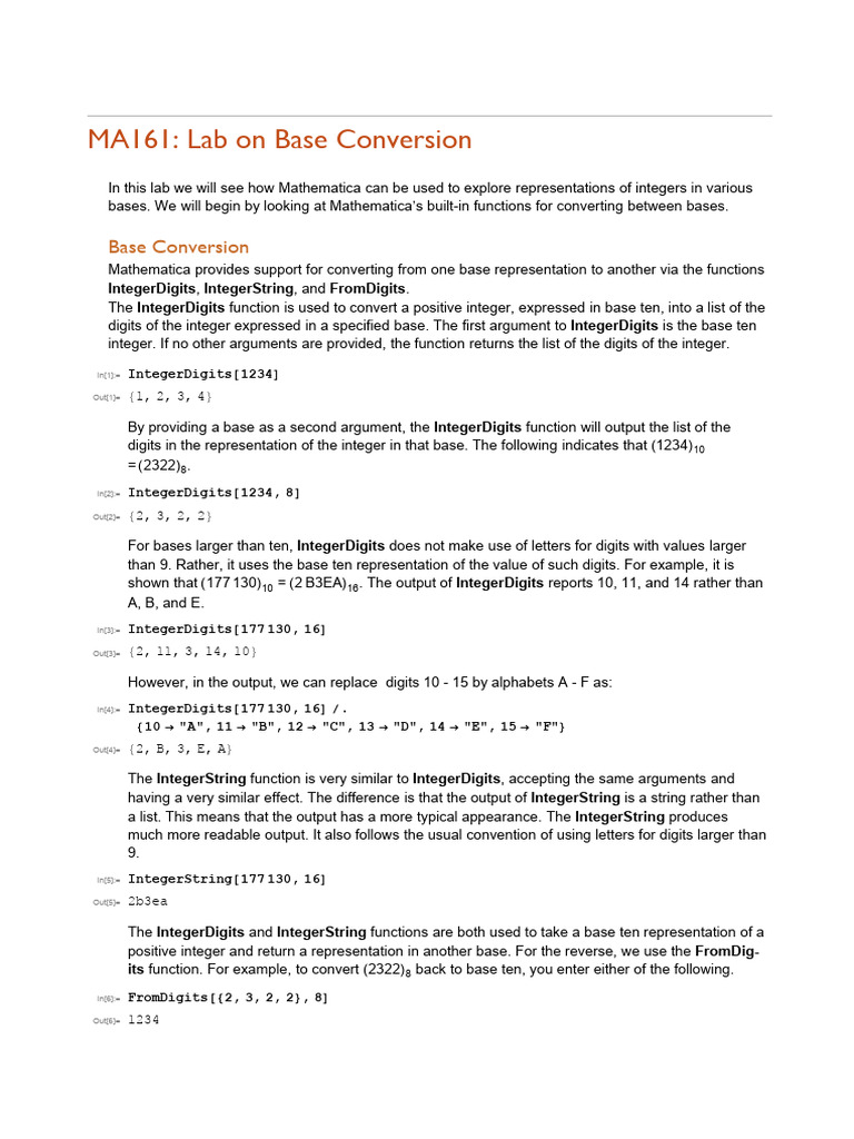 MA161 Lab On Base Conversion | PDF | Decimal | Parameter (Computer ...