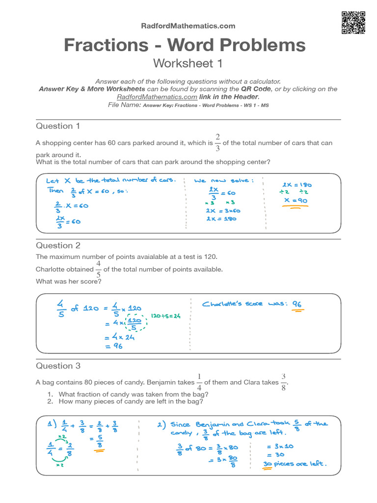 Fractions Word Problems ws1 Ms | PDF