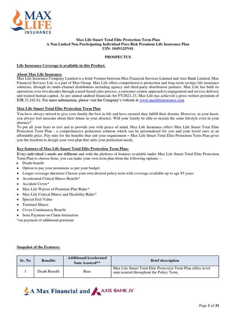 Max Life Smart Total Elite Protection Plan | PDF | Insurance ...