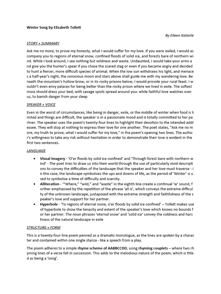 Analysis of "Winter Song" by Tollett | PDF | Poetry | Poetics
