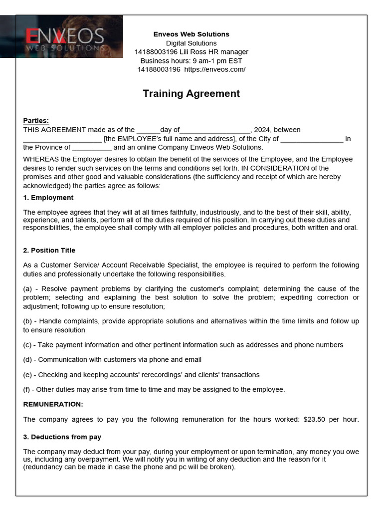 Training Agreement | PDF | Employment | Justice