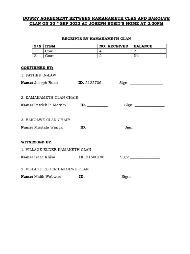 Dowry Agreement Between Kamakameth | PDF
