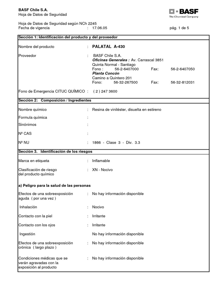 Hoja de Seguridad PALATAL A-430 BASF | PDF | Agua | Residuos