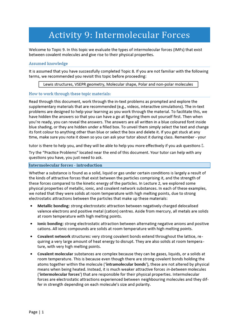 Topic 9 IMFs Activity Document | PDF | Chemical Polarity | Chemical Bond