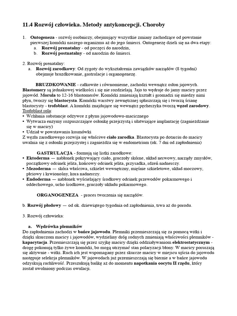 11.4 RozwÃ J Czå Owieka. Metody Antykoncepcji. Choroby | PDF