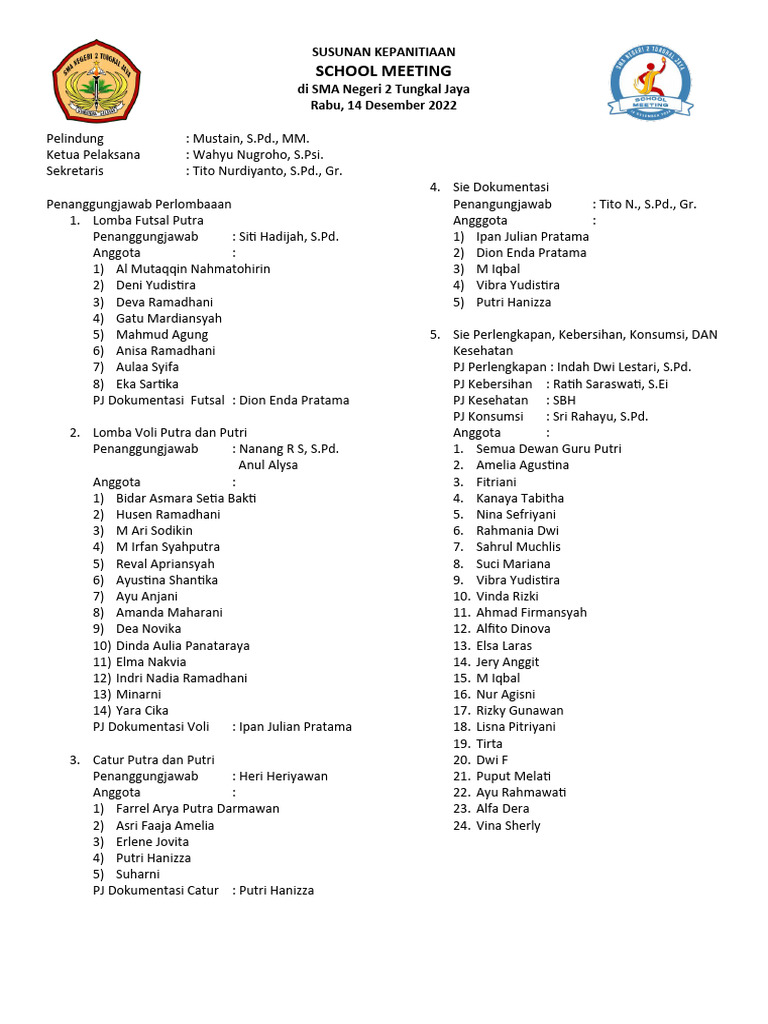 Susunan Kepanitiaan School Meeting | PDF