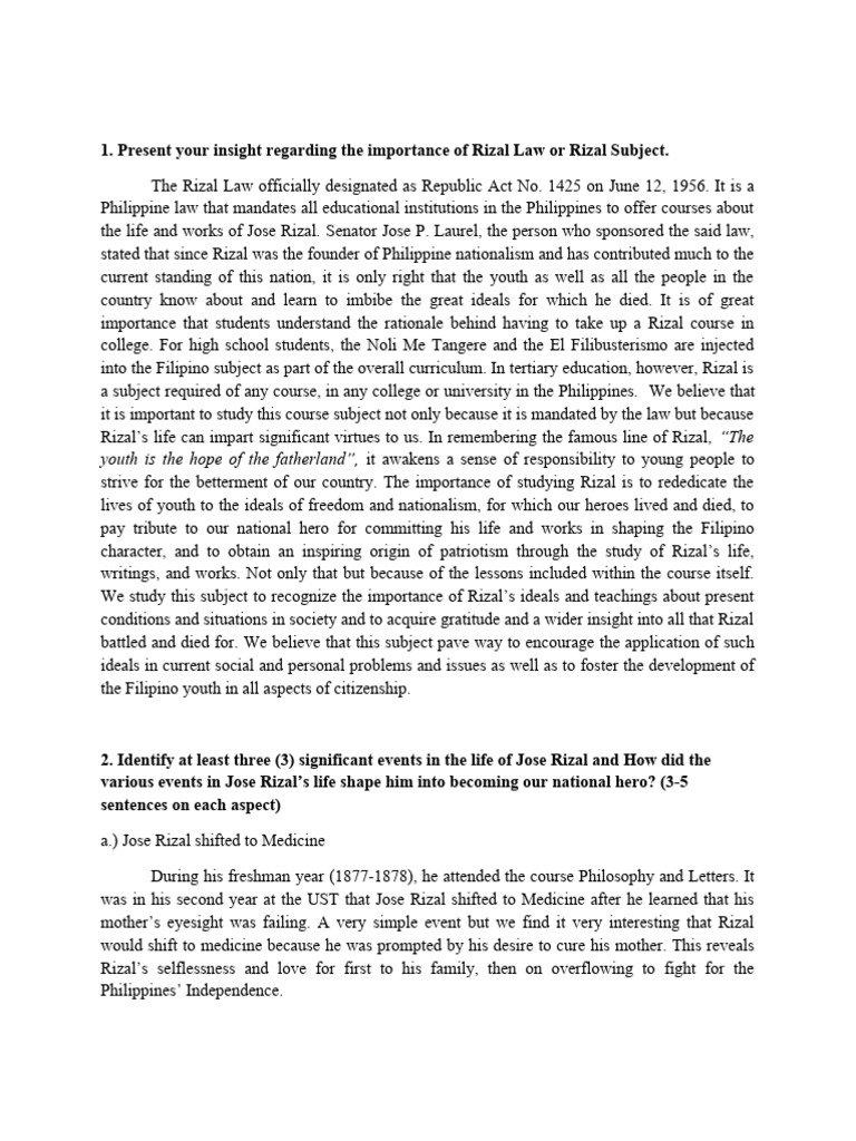 Life and Works of Rizal - Importance of Rizal Law or Rizal and ...