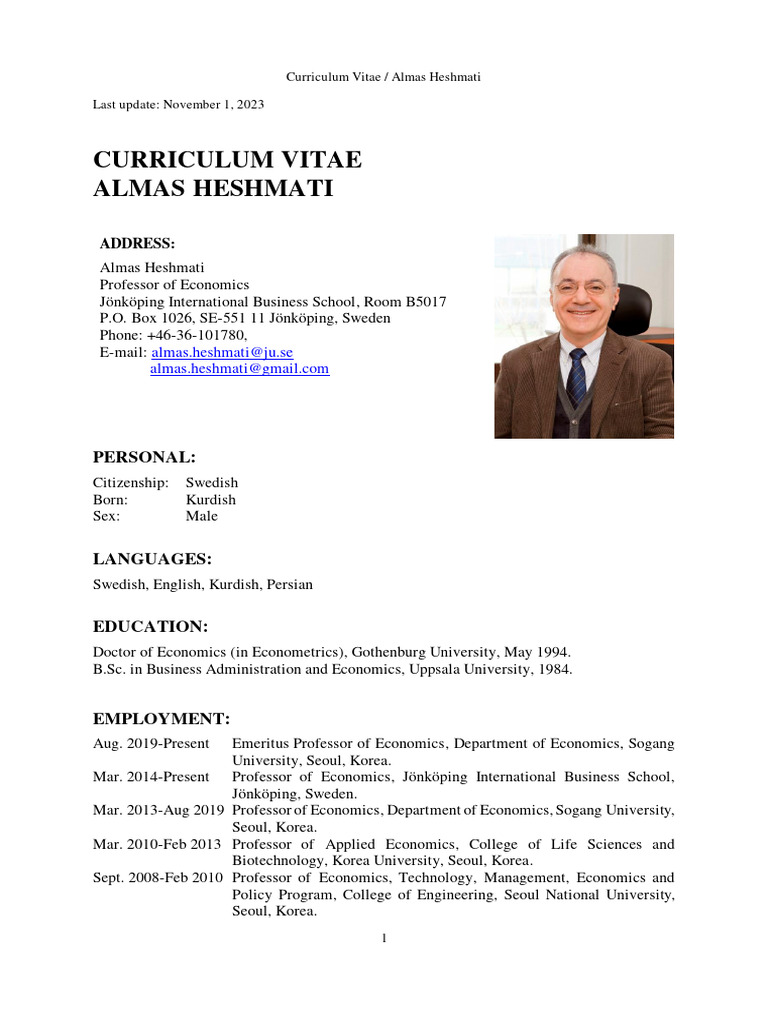 Curriculum Vitae of Almas Heshmati | Download Free PDF | Asian ...