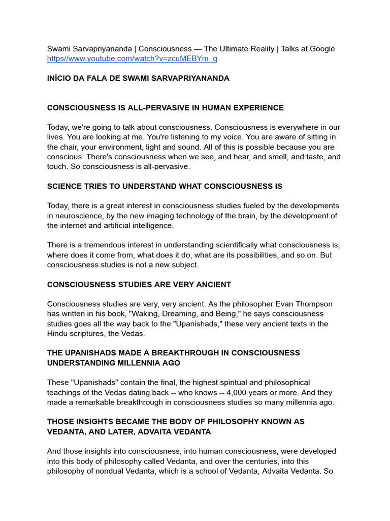 Swami Sarvapriyananda - Consciousness - The Ultimate Reality - Talks at Google | PDF | Mind ...