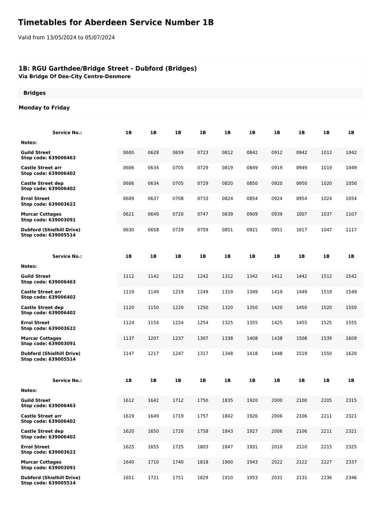 Aberdeen Bus 1B Timetable 2024 | PDF | Sports & Recreation | Home & Garden