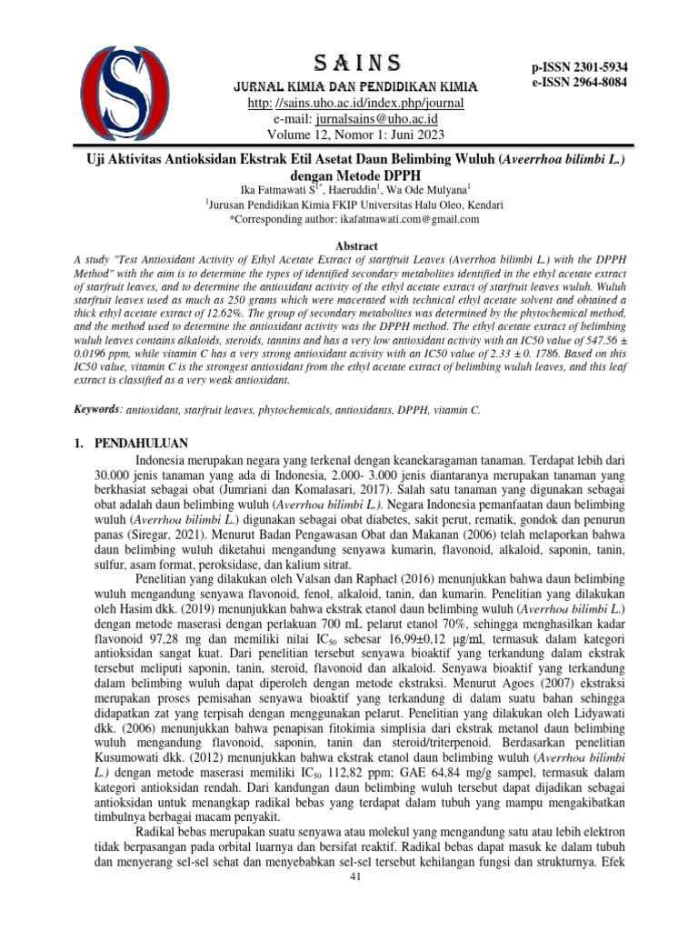 Sains: Uji Aktivitas Antioksidan Ekstrak Etil Asetat Daun Belimbing Wuluh (Aveerrhoa Bilimbi L ...
