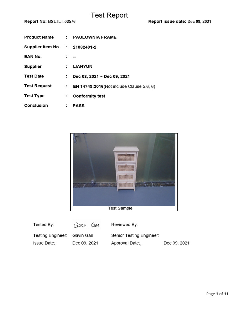 EN 14749:2016 Test Report for Furniture | PDF | Door | Force