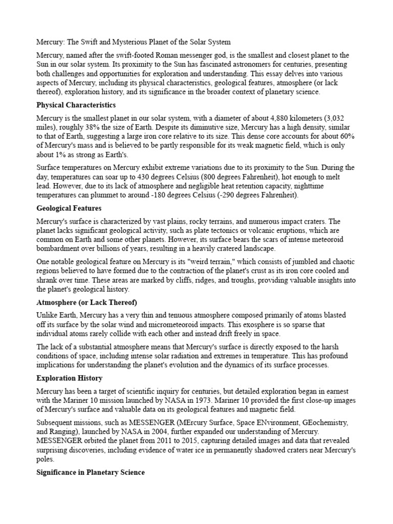 Mercury Essay | PDF | Mercury (Planet) | Planets