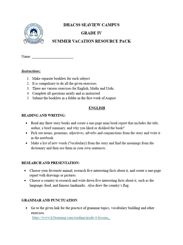 Grade IV Summer Vacation Resource Pack | PDF | English Language | Languages