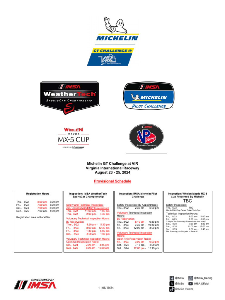 2024 IMSA Provisional Schedule and SR VIR 061924 | PDF | Sports Car ...