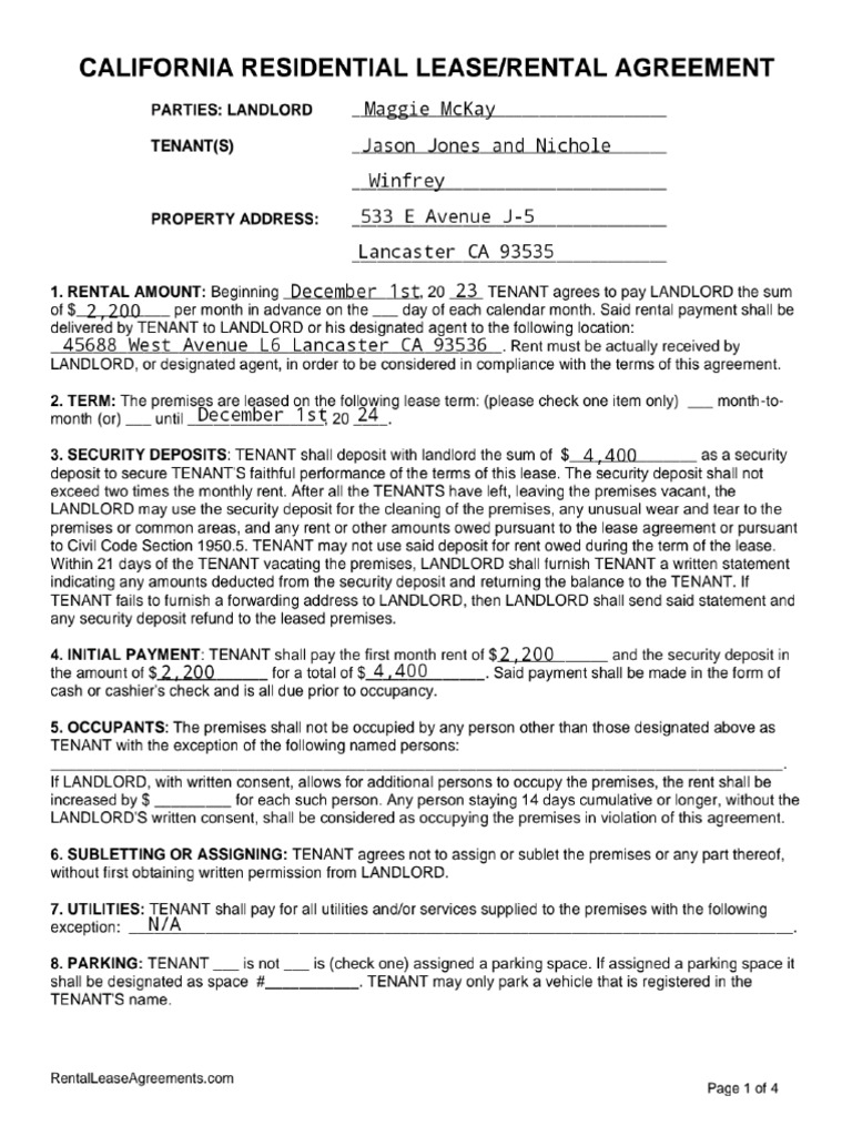 California Standard Residential Lease Agreement | PDF