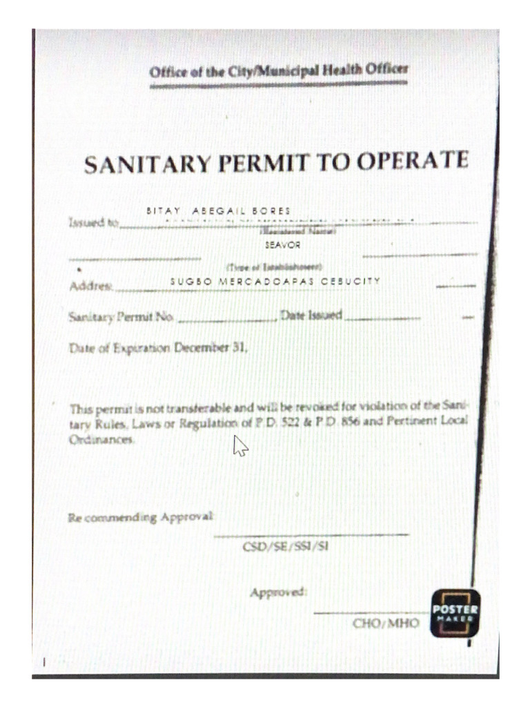 Sanitary Permit To Operate | PDF