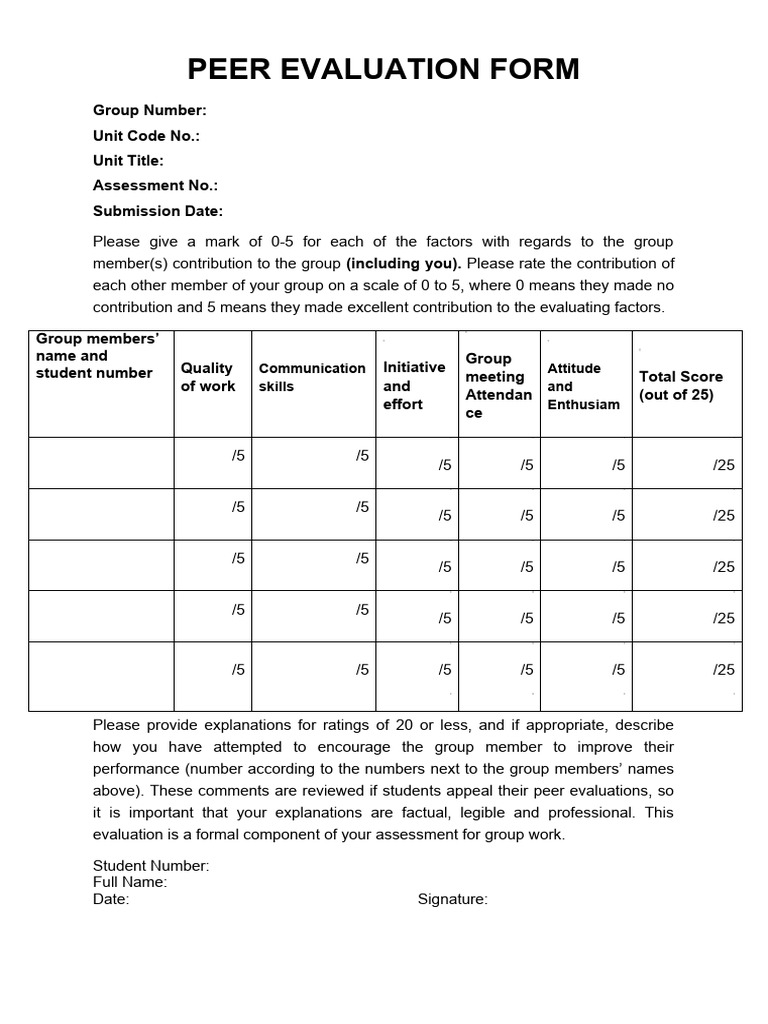 Peer Evaluation Form for Group Work | PDF