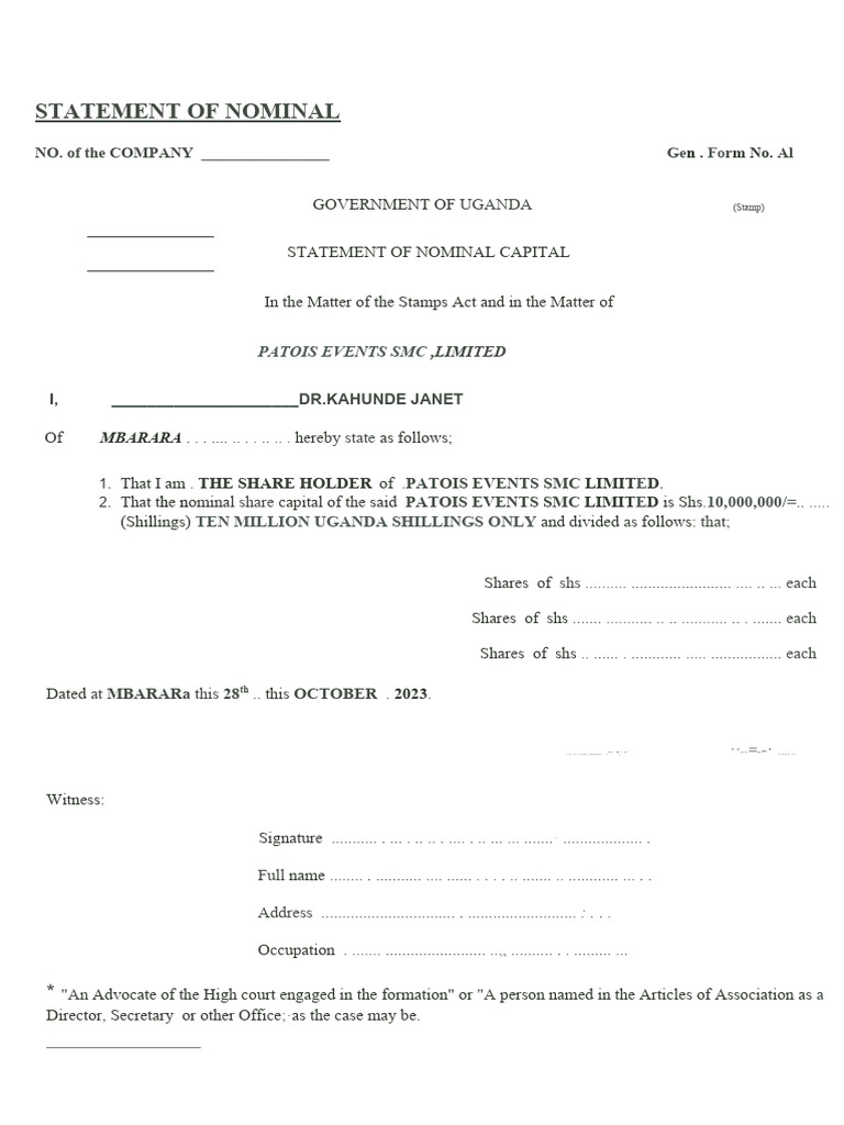 Statement of Nominal Capital | PDF