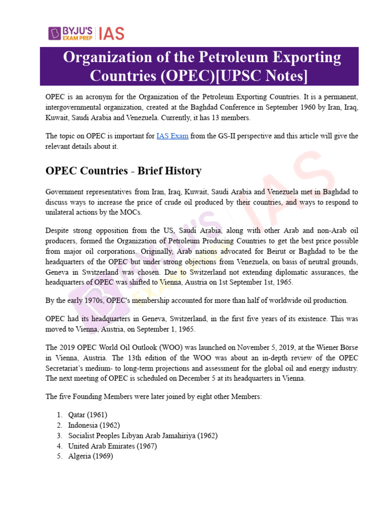 BYJUS Exam Prep Organization of The Petroleum Exporting Countries 2023 ...
