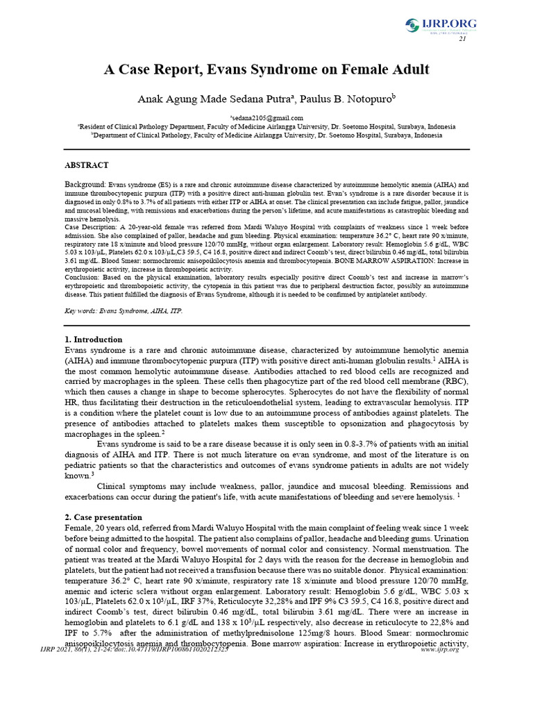 Jurnal A Case Report, Evans Syndrome On Female Adul | PDF | Anemia ...
