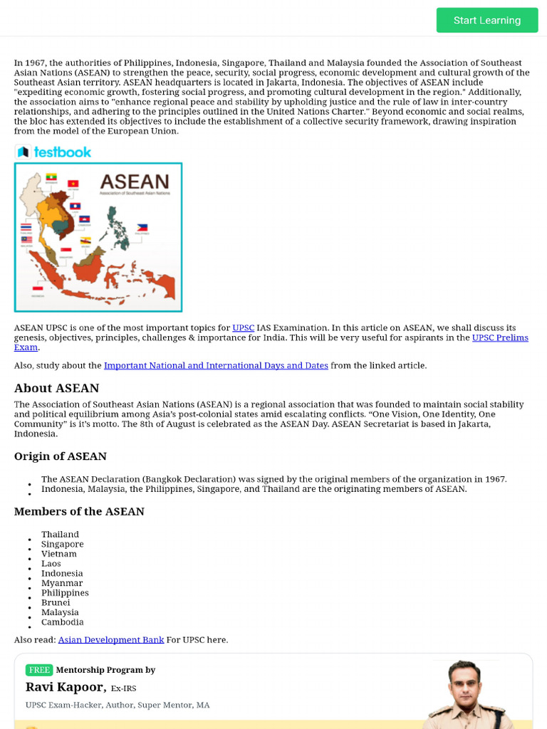 ASEAN UPSC Notes - Origin, Members, & Significance of ASEAN | PDF