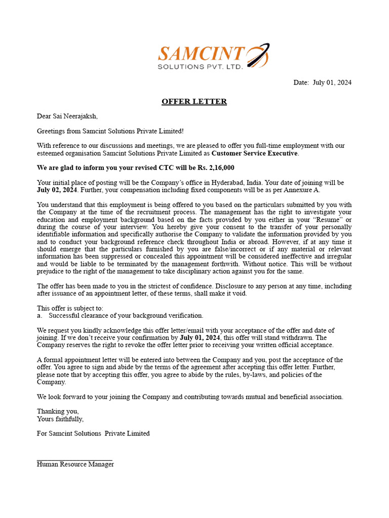 Offer Letter. Credit Mitra | PDF | Employment | Business