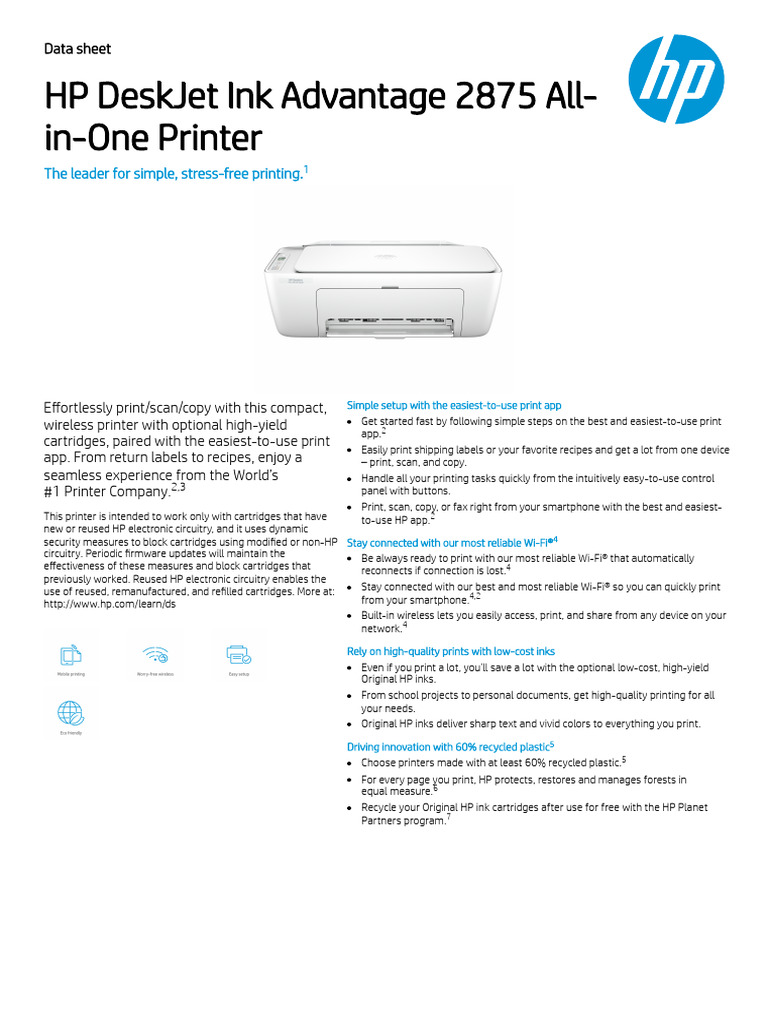 HP Deskjet Ink Advantage 2875 | PDF | Printer (Computing) | Image Scanner