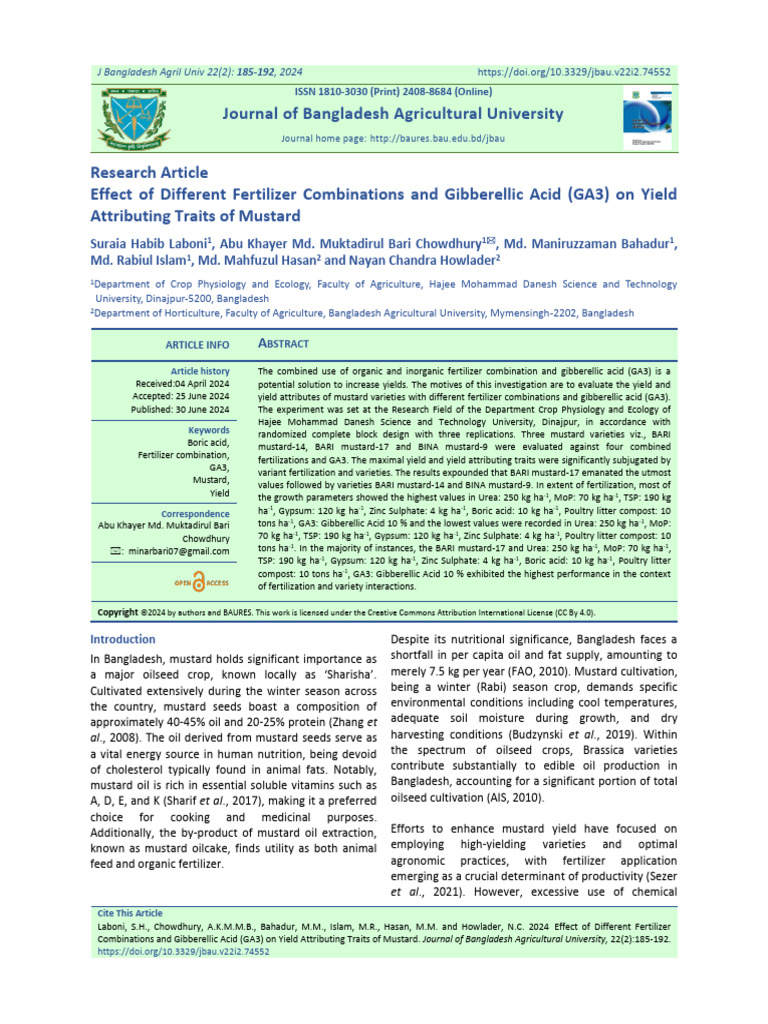 Effect Of Different Fertilizer Combinations And Gibberellic Acid Ga3