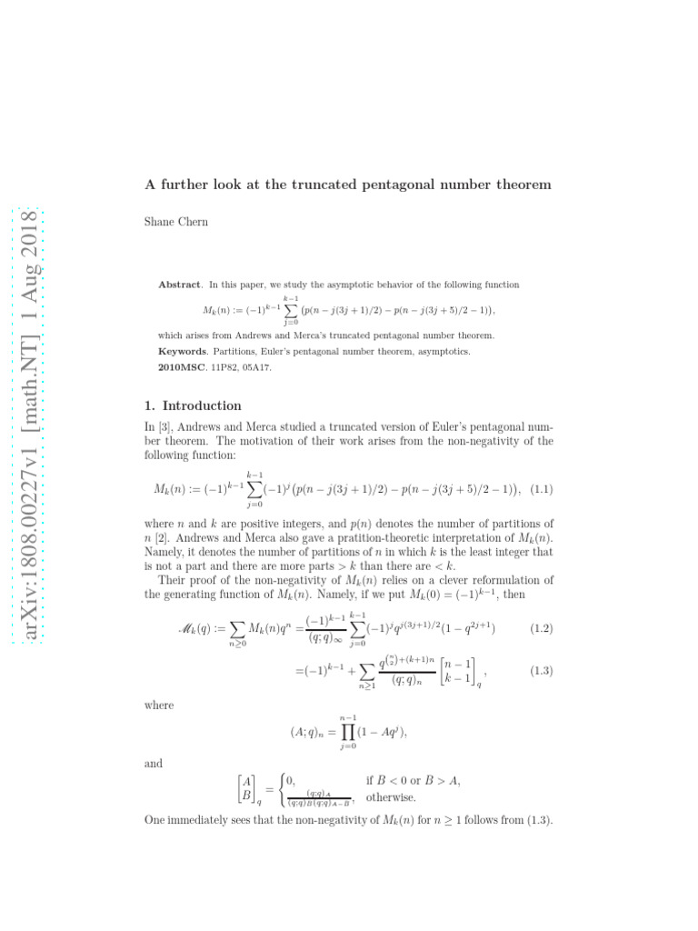 A Further Look at The Truncated Pentagonal Number Theorem | PDF | Square Root | Complex Analysis