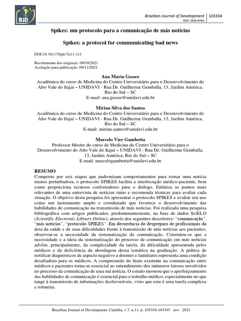 Protocolo Spikes | PDF | Emoções | Empatia