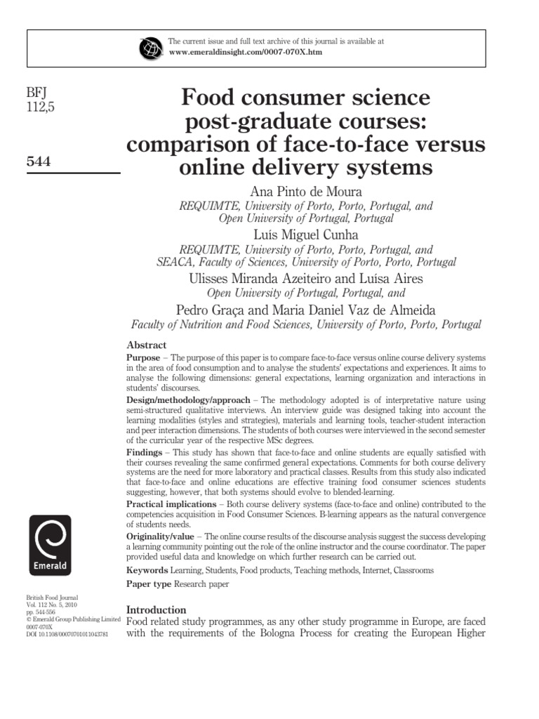 Food Consumer Science Post Graduate Courses: Comparison of Face To Face ...