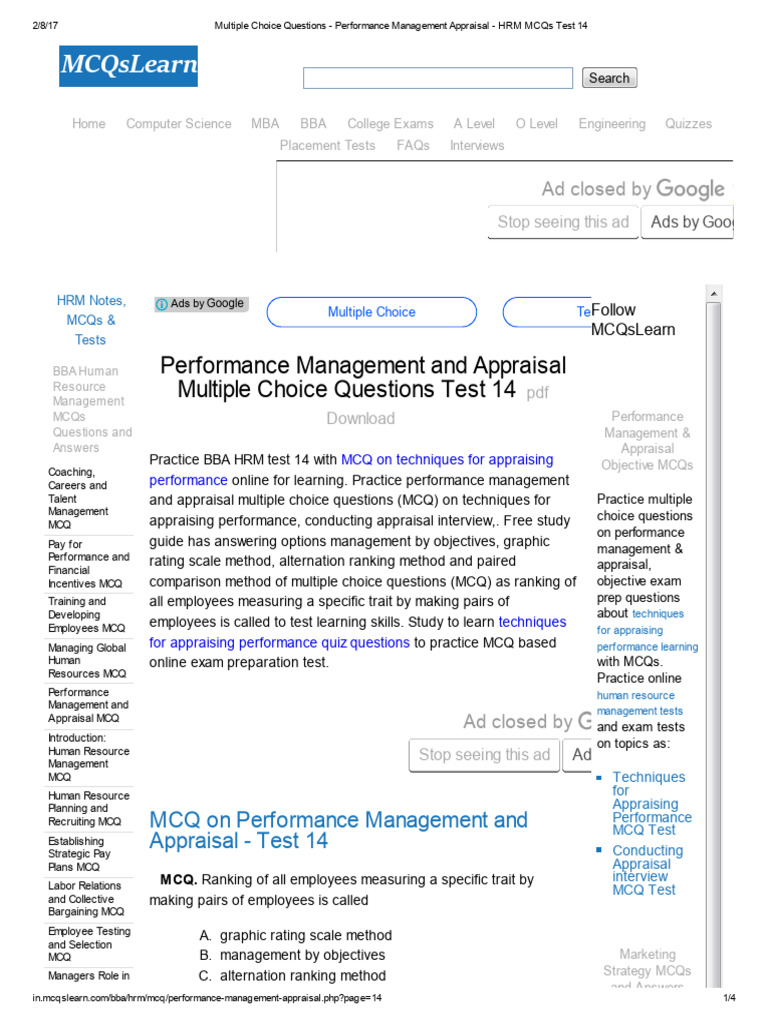 Multiple Choice Questions - Performance Management Appraisal - HRM MCQs ...