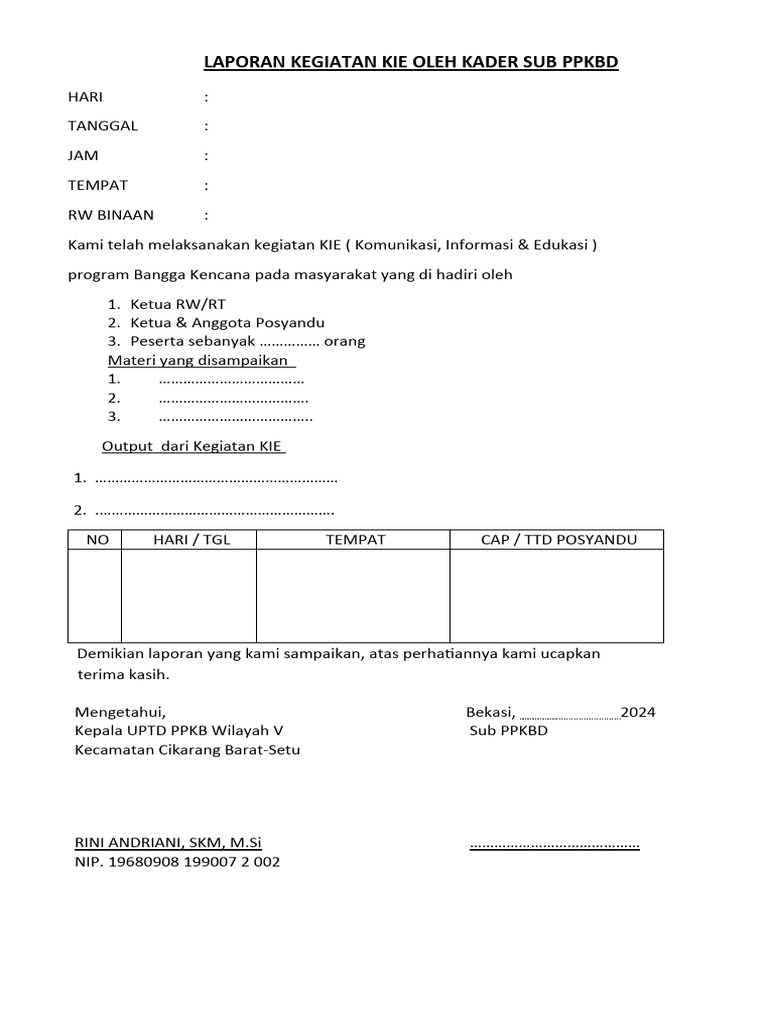 Laporan Kegiatan Kie Oleh Kader PPKBD Baru 2024 | PDF