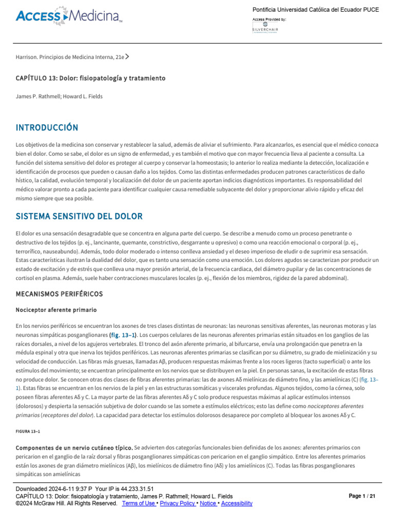 CAPÍTULO 13 - Dolor - Fisiopatología y Tratamiento | Descargar gratis PDF | Dolor | Nervio