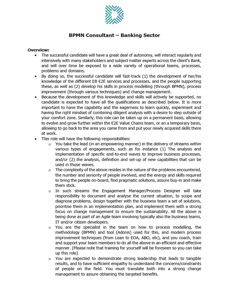 Job Description - BPMN Consultant - Banking Sector | PDF | Consultant ...