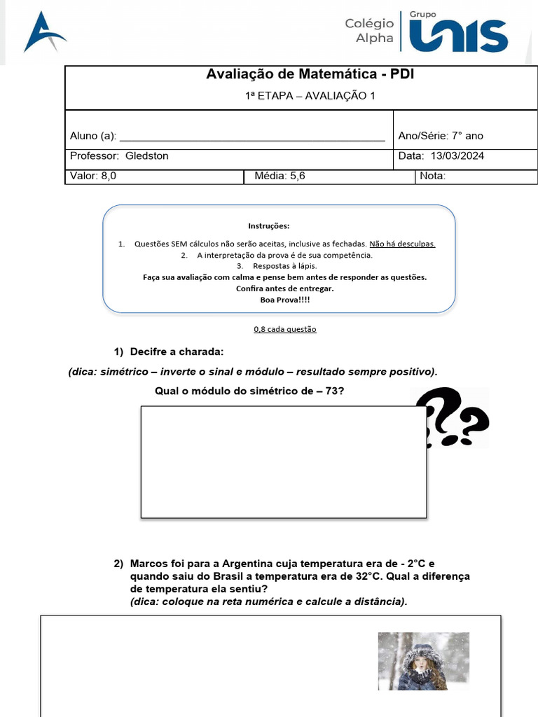 Avaliação 1 - T1 7 Ano - PDI OK | PDF | Matemática