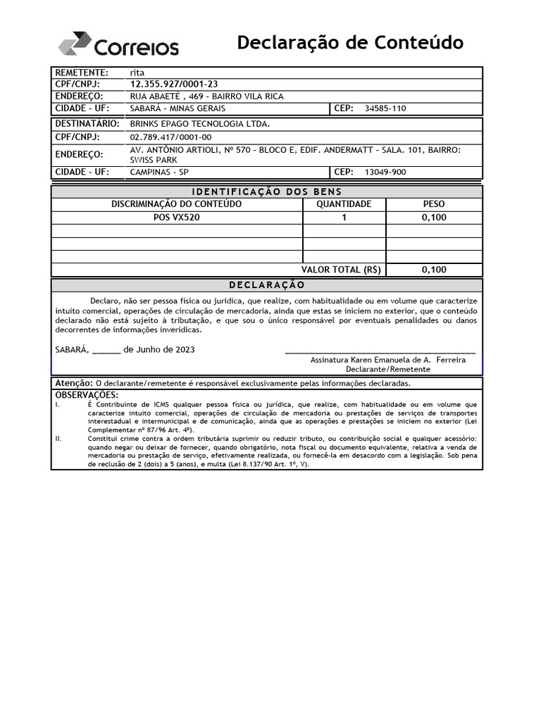 Modelo De Comprovante De Postagem Correios