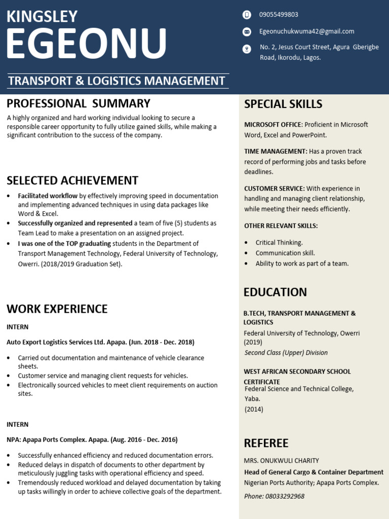 Egeonu Kingsley Curriculum Vitae (Logistics Officer) 2 | PDF | Logistics | Microsoft Excel