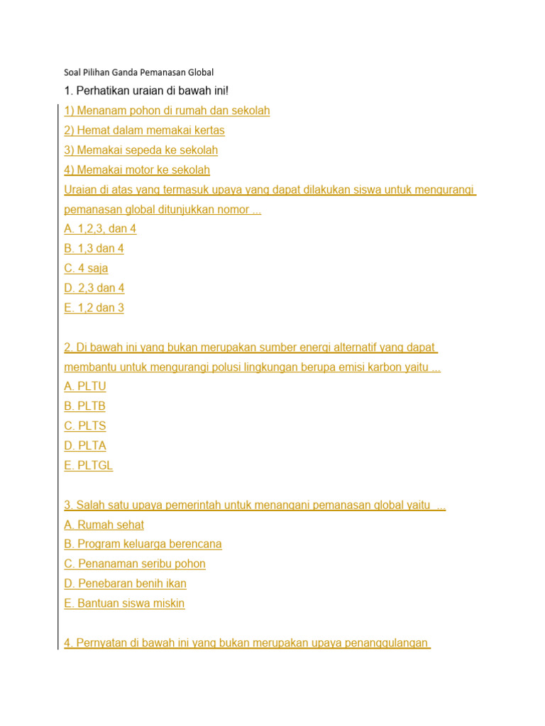 Soal Pilihan Ganda Pemanasan Global | PDF | Metode & Bahan Ajar