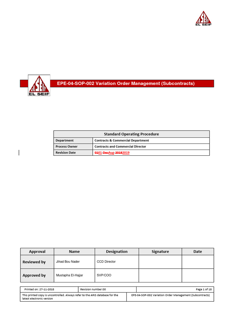 EPE-04-SOP-002 Variation Order Management (Subcontracts) R3.2 | PDF ...