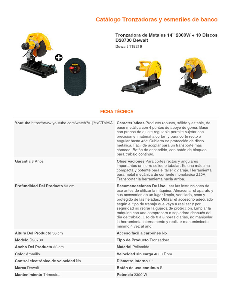 Ficha Técnica Tronzadora Dewalt D28730 | PDF
