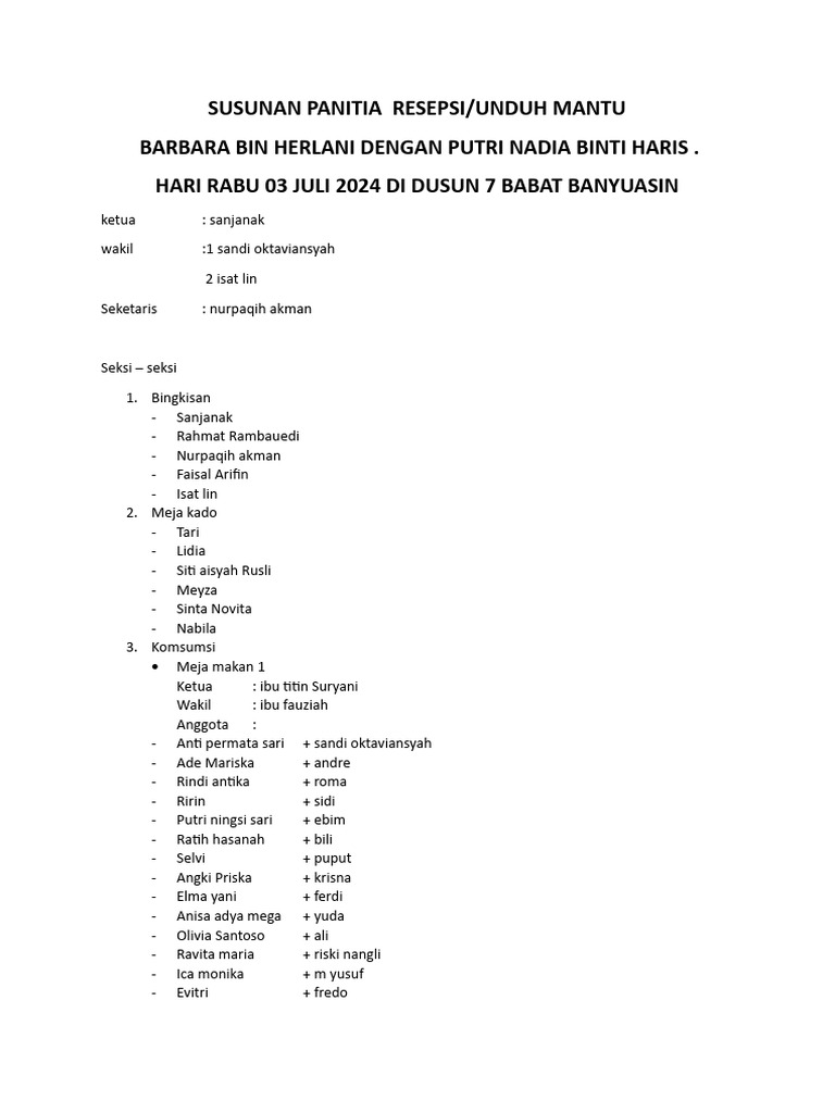 Susunan Panitia Resepsi | PDF