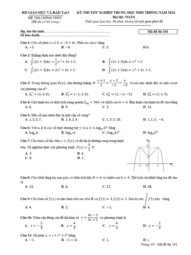 Đề Toán THPTQG Năm 2024 - Mã 101 | PDF