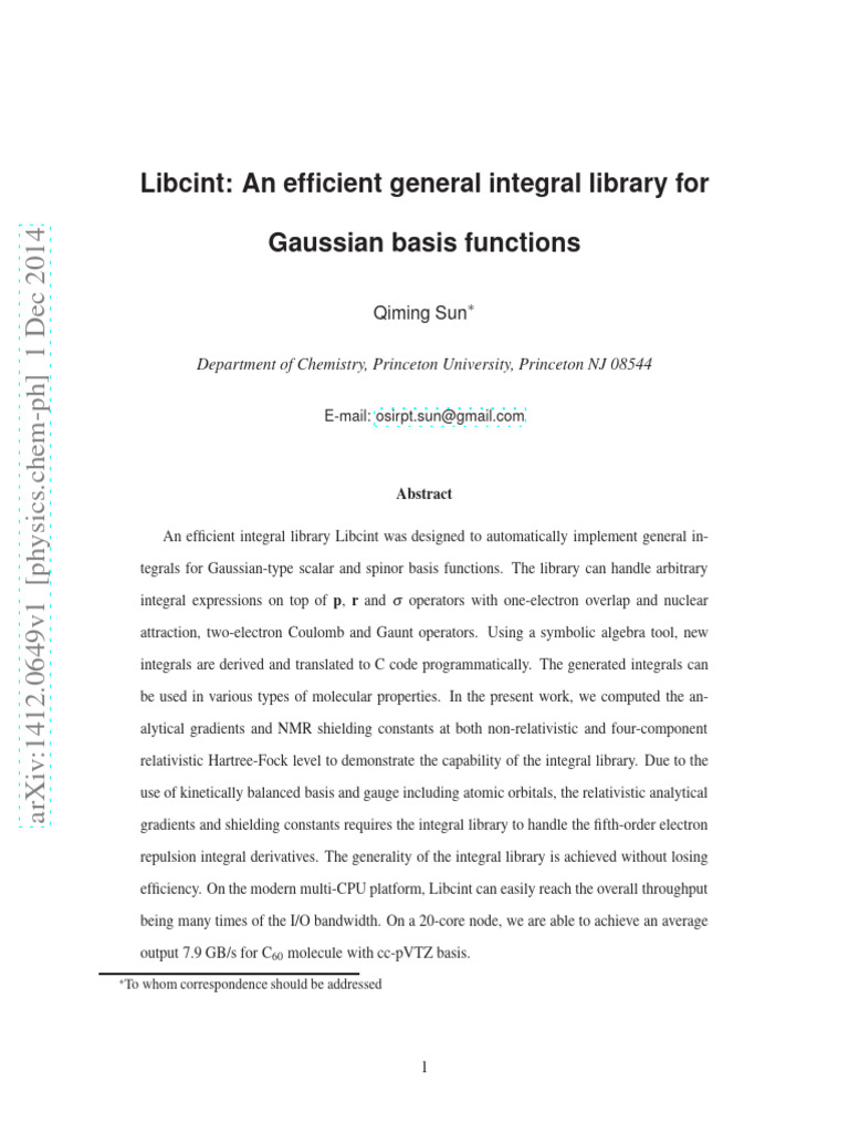 Libcint: An Efficient General Integral Library For Gaussian Basis Functions | PDF | Integral ...