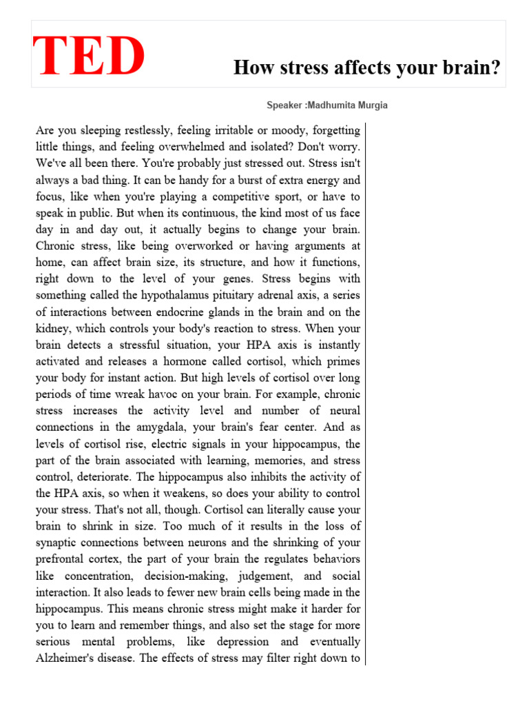 TED How Stress Affects Your Brain | PDF | Stress (Biology ...