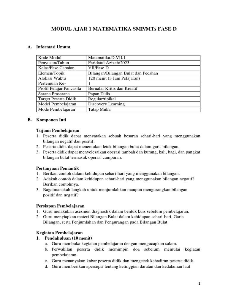 Modul Ajar MTK Bab 1 | PDF