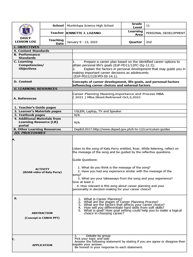 DLP-PERDEV Lozano Sample | PDF | Goal | Goal Setting