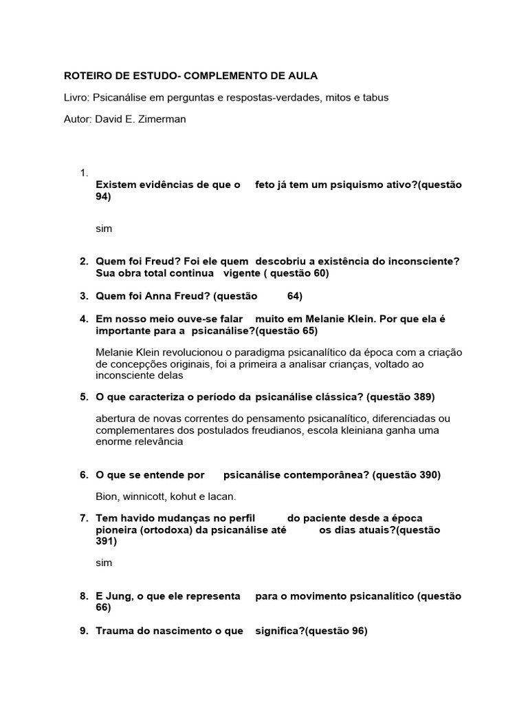 Roteiro de Estudo - Complemento de Aula | PDF | Psicanálise | Autoimagem