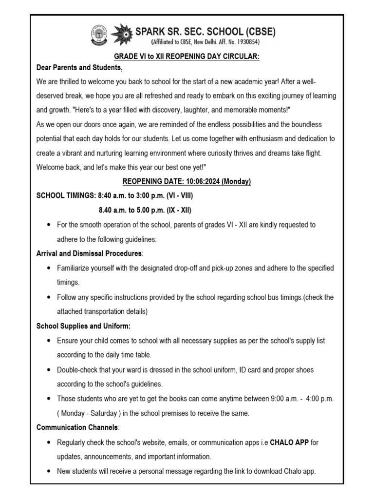 Grade 6-12 Reopening Circular | PDF